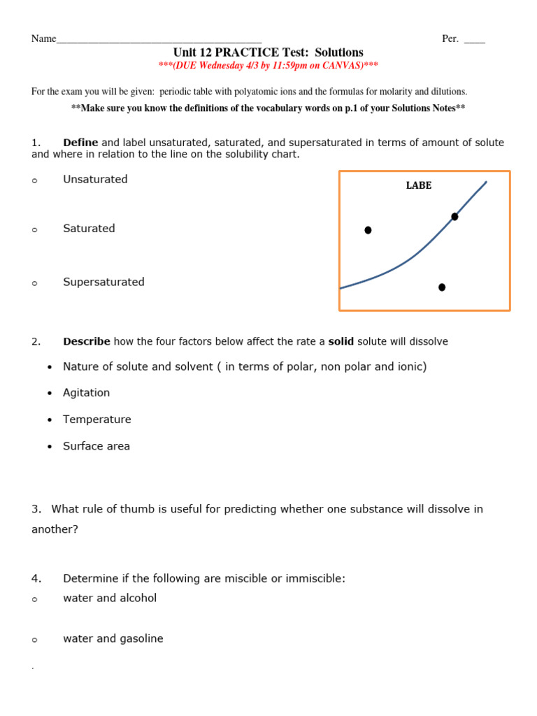Solutions PRACTICE Test 23-24 | PDF | Solubility | Potassium Chloride