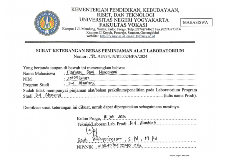 Surat Bebas Peminjaman Alat Lab | PDF