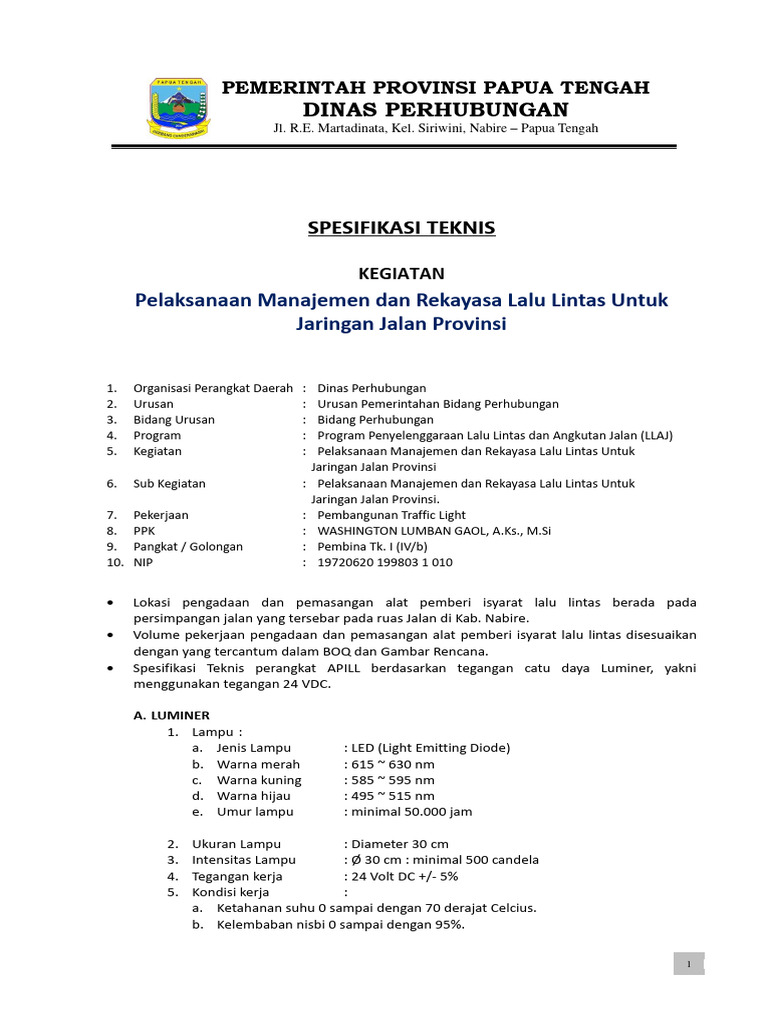 Spesifikasi Tiang Traffic Light Nabire | PDF