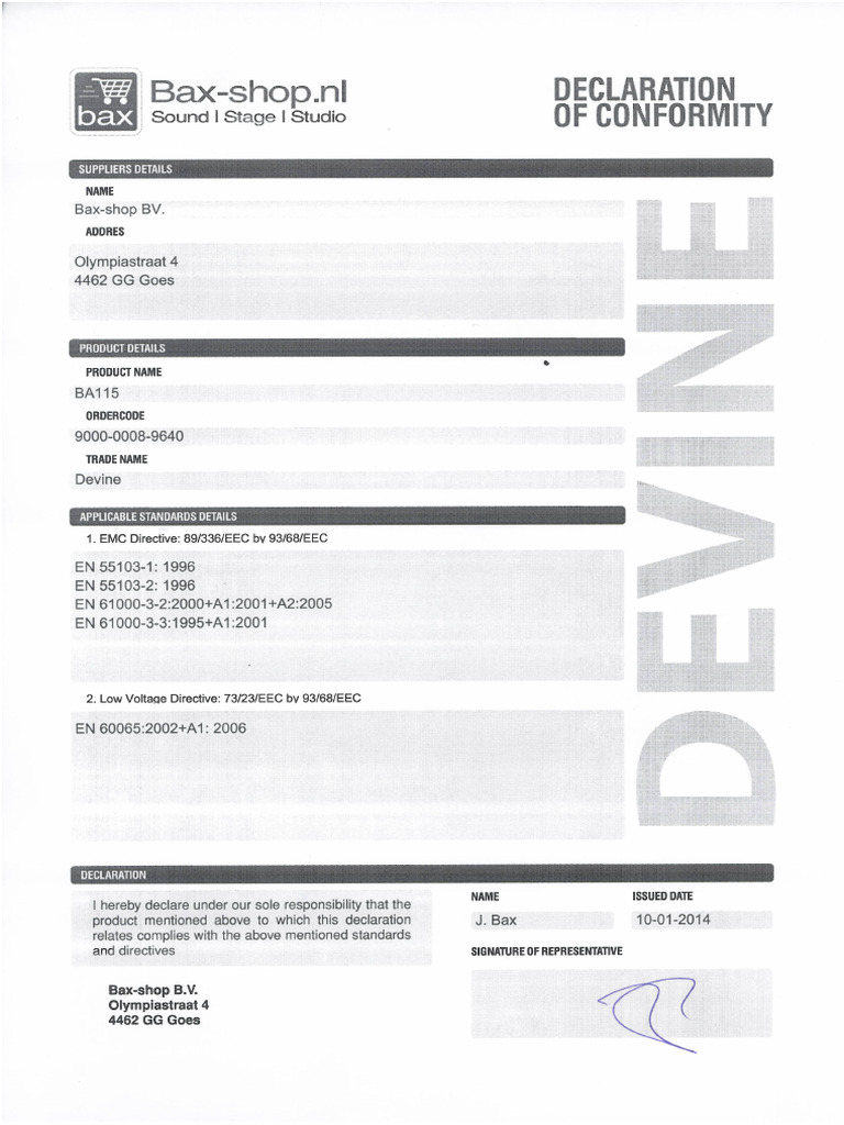 Devine Ba115 Declaration Of Conformity Emc Lvd Pdf