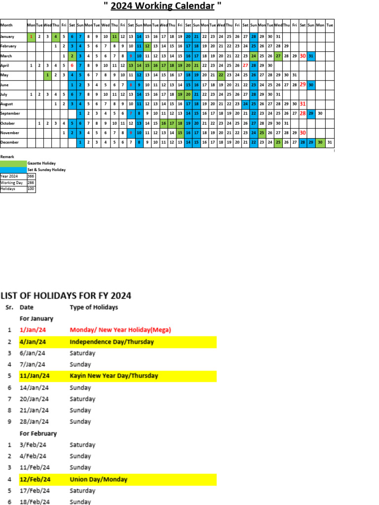 2024 Working Calendar (1) | Download Free PDF | Observances | Holidays