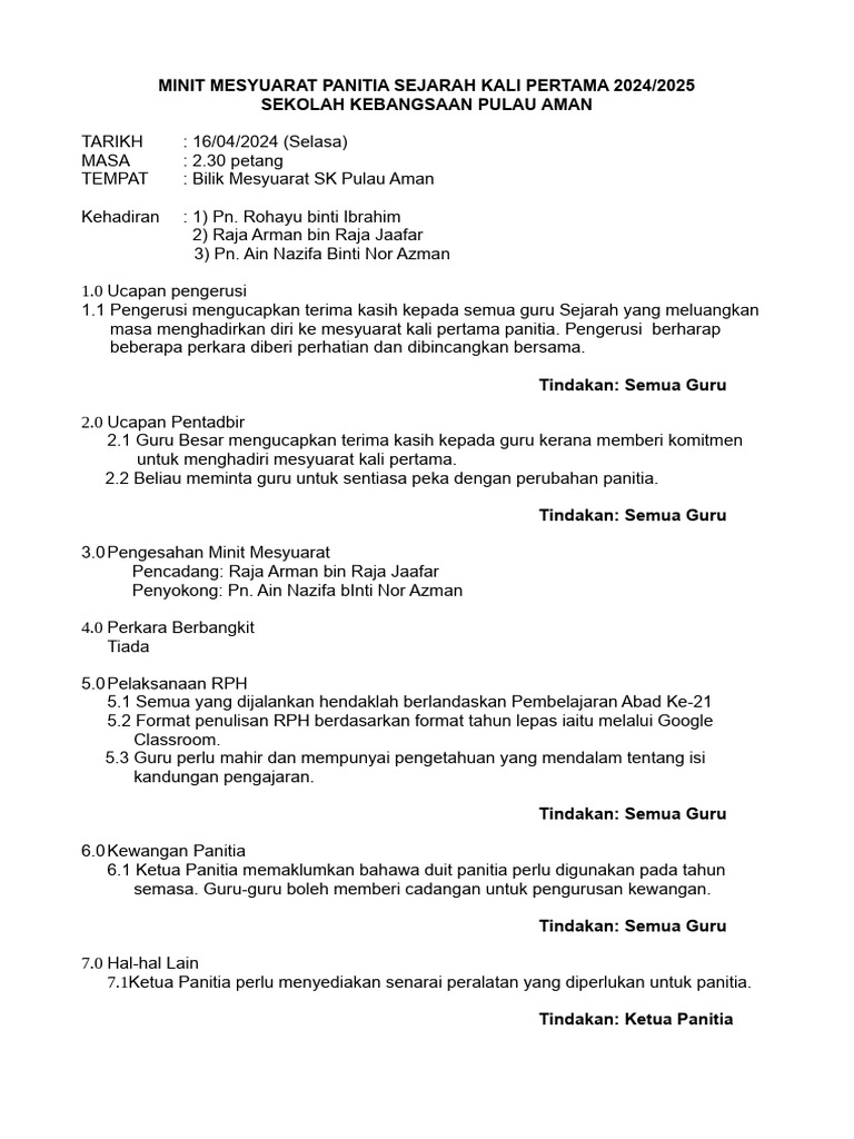 Minit Mesyuarat Panitia SEJ 1 2024 | PDF