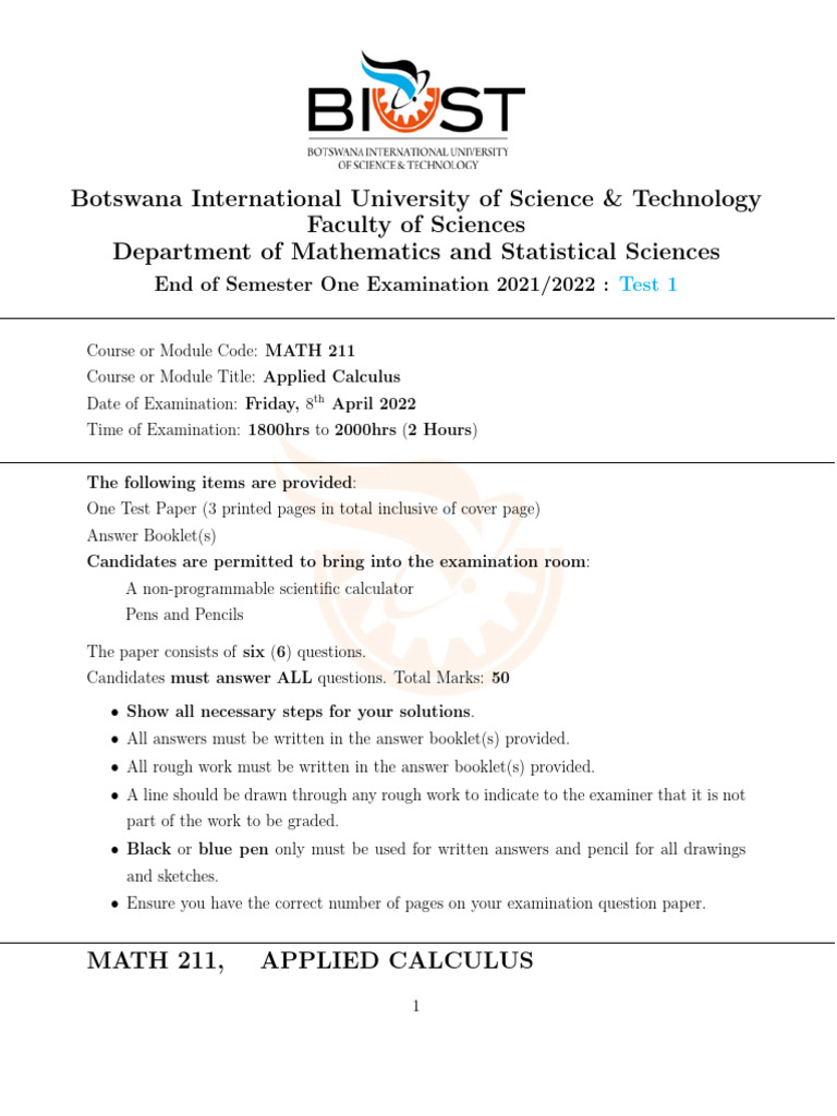 MATH 211 Applied Calculus Exam 2022 | PDF | Mathematics | Applied ...