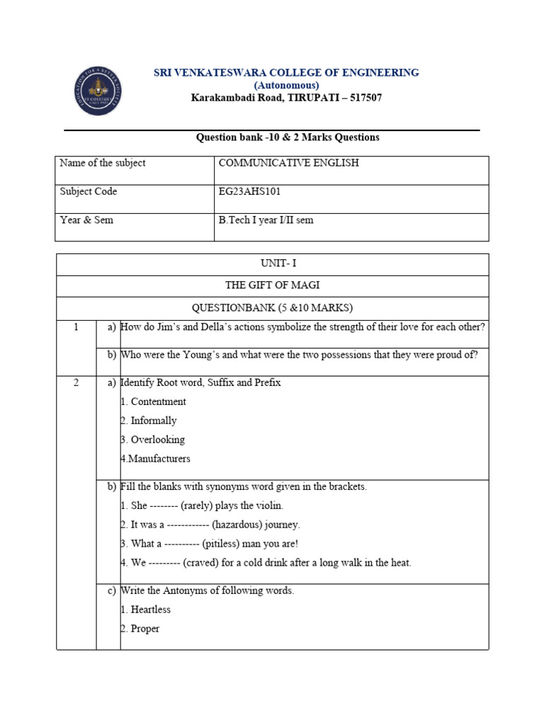 Ce Question Bank | PDF | Communication | Reading Comprehension