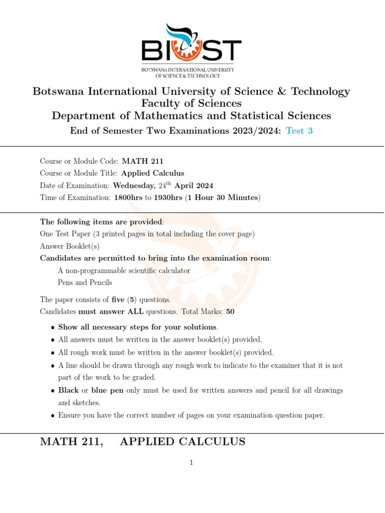 MATH 211 Applied Calculus Exam 2024 | PDF | Mathematics