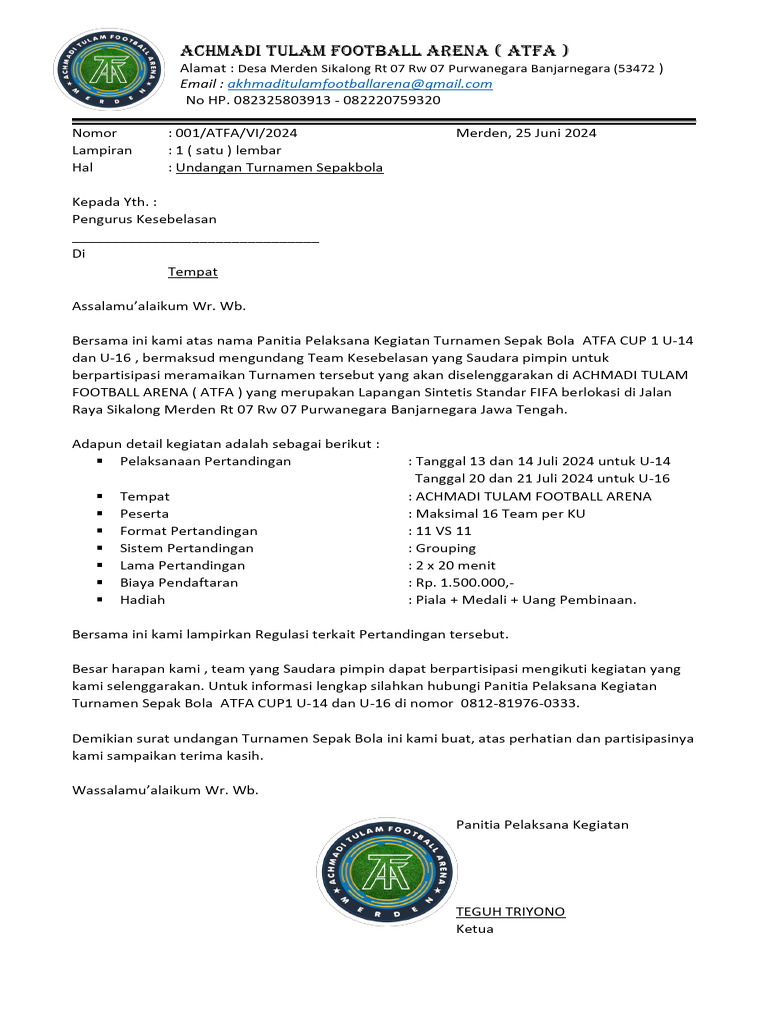 Undangan Turnamen Sepak Bola ATFA CUP 1 | PDF