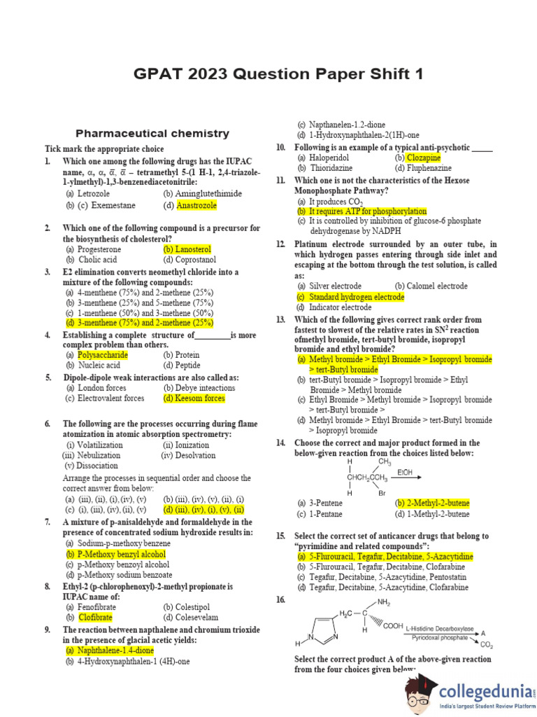 GPAT 2023 Question Paper Shift 1 | PDF | Emulsion | Tablet (Pharmacy)