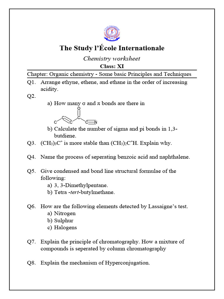 Class XI Organic Chemistry Worksheet | PDF | Nitrogen | Chemical Compounds