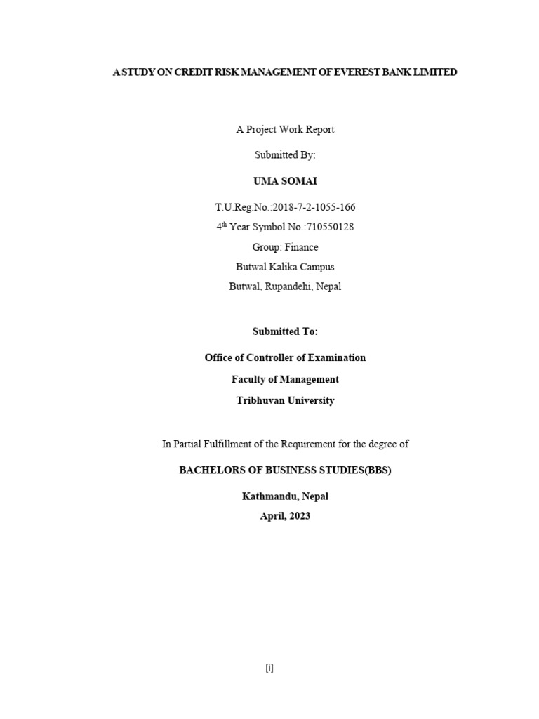 Credit Risk Management of Everest Bank | PDF | Financial Risk | Banks