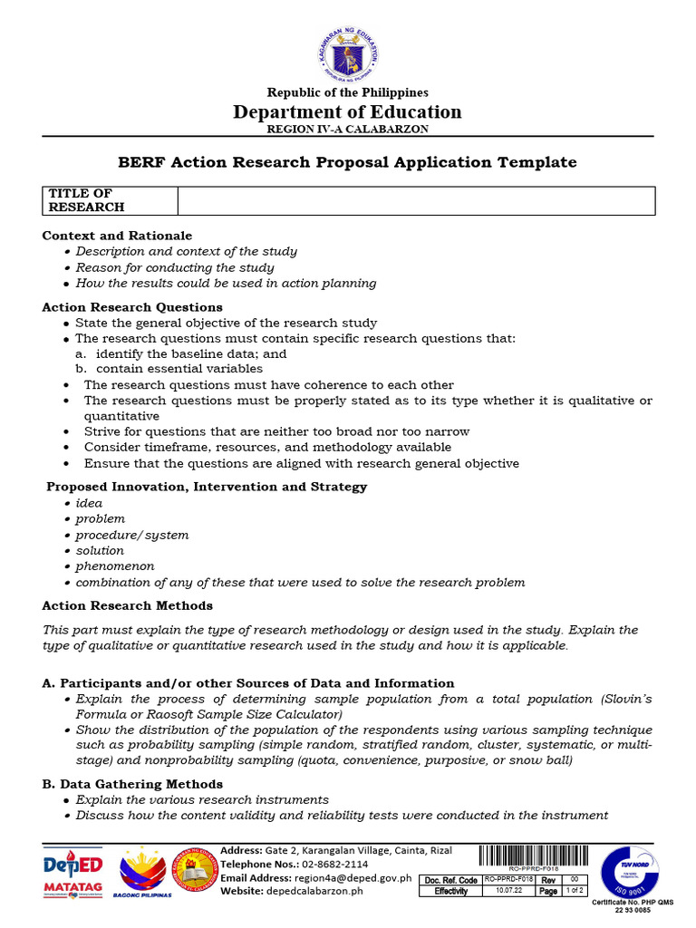 CALABARZON Action Research Template | PDF | Sampling (Statistics) | Methodology