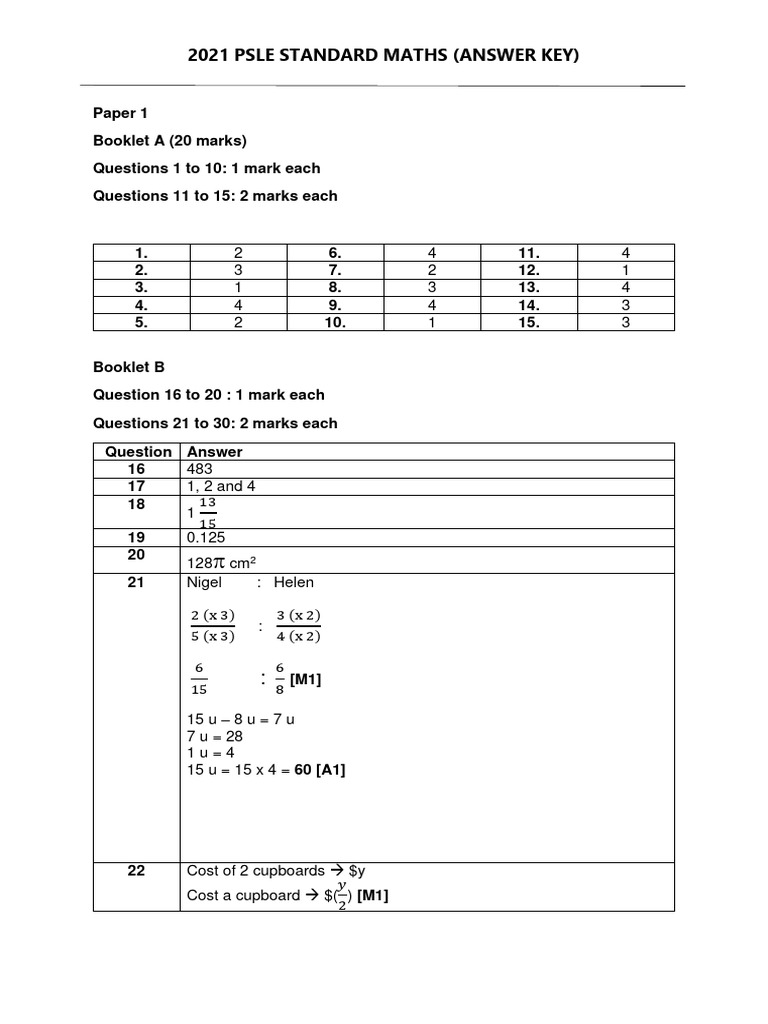 ERC 2021 PSLE Standard Maths Answer Key | PDF | Elementary Geometry