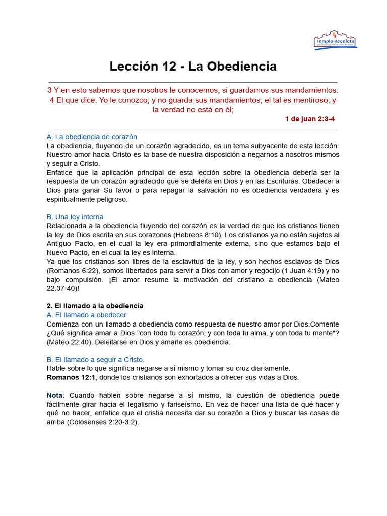 Lección 12 - La Obediencia | PDF | Cristo (título) | Amor