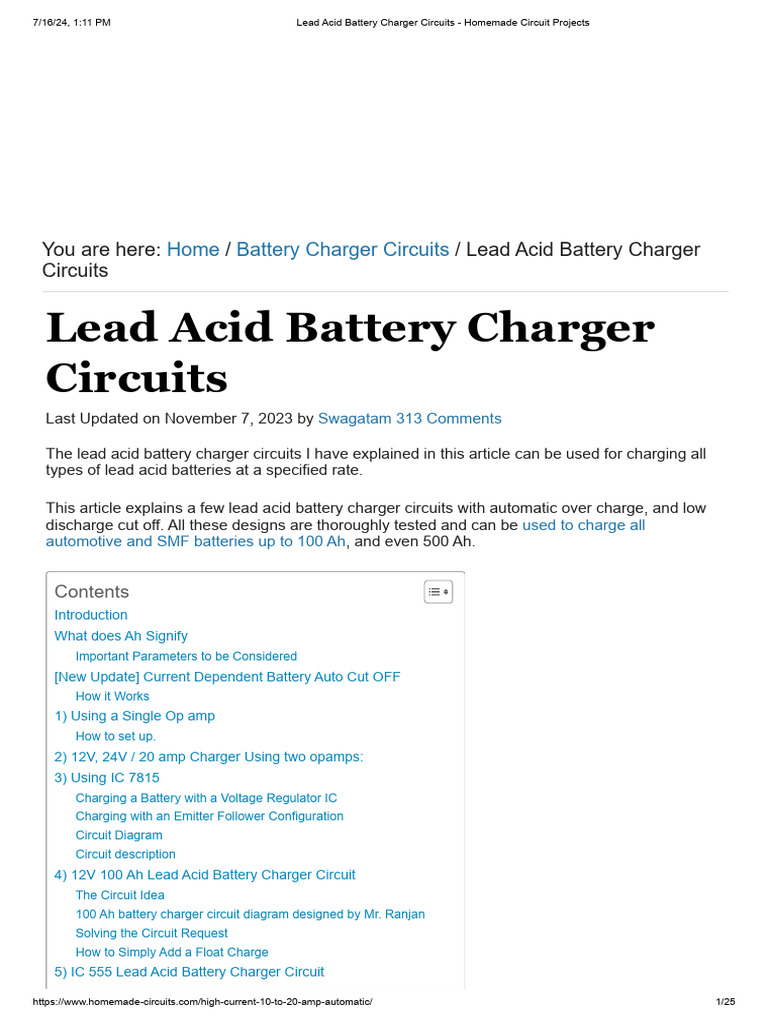 Lead Acid Battery Charger Circuits - Homemade Circuit Projects | PDF ...