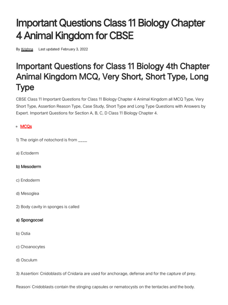 Important Questions Class 11 Biology Chapter 4 Animal Kingdom For ...