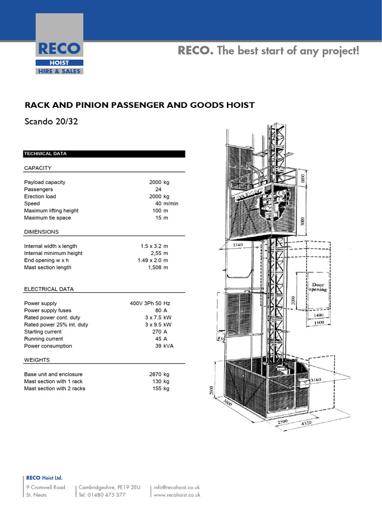 Passenger Hoist Specification Sheet Alimak Scando 20 32 | PDF