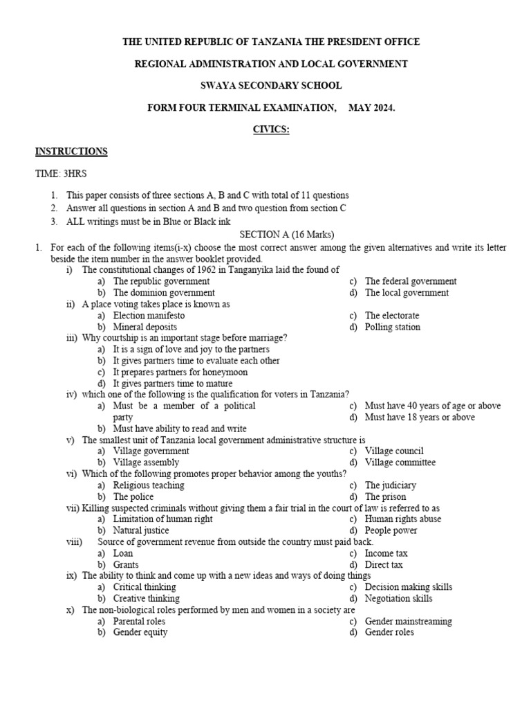 civics form four | Download Free PDF | Citizenship | Tanzania