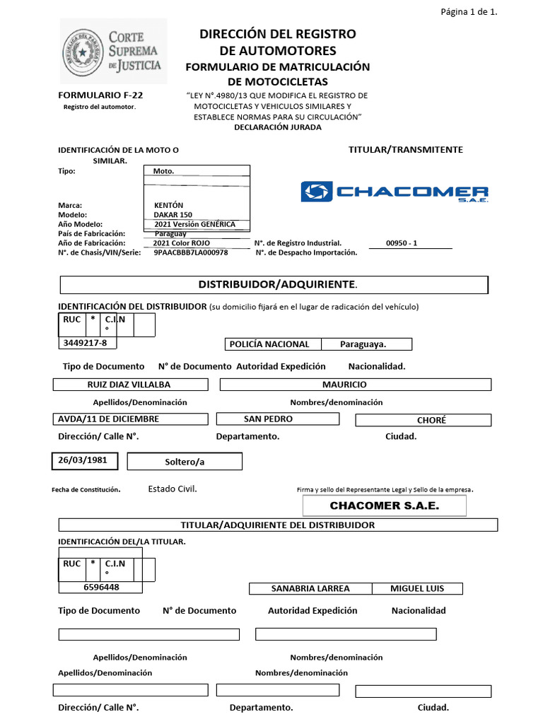 Formulario F 22 - Adrian Medina | PDF | Vehículos