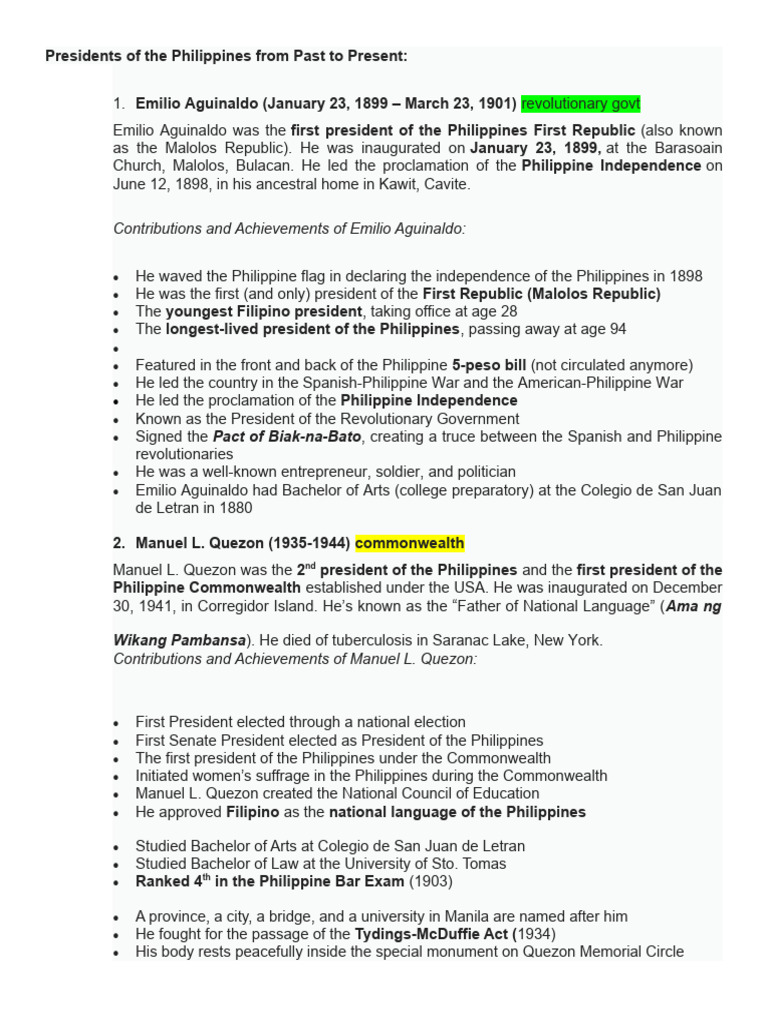 Presidents of The Philippines From Past To Present | PDF | President Of The Philippines | World ...