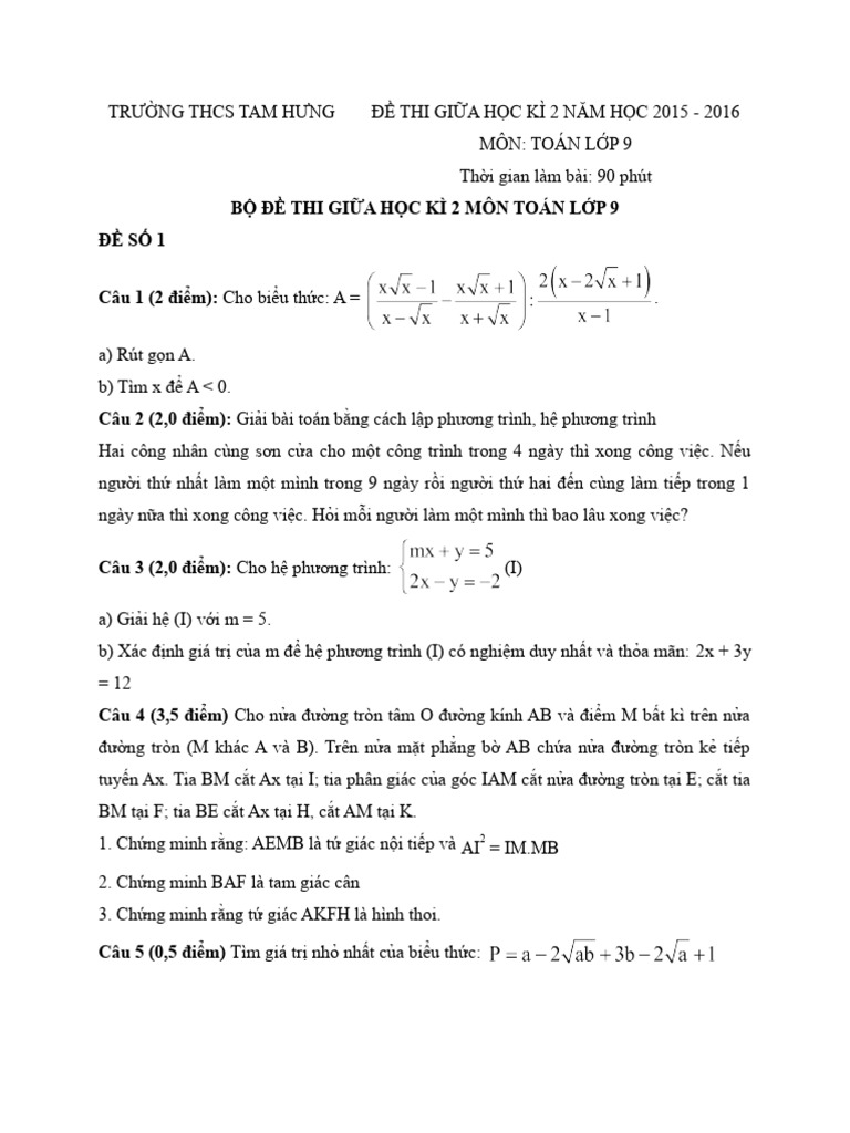 Bo de Thi Giua Hk2 Mon Toan Lop 9 | PDF