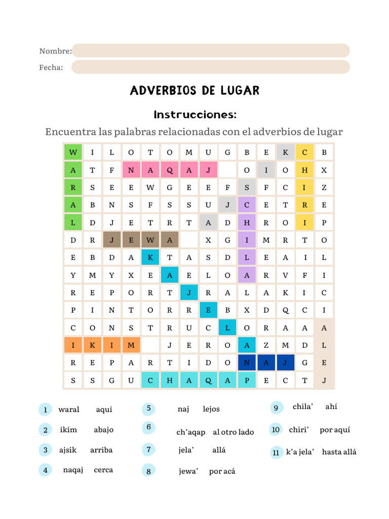 Hoja de Trabajo de Sopa Adverbio de Lugar | PDF | Lingüística ...