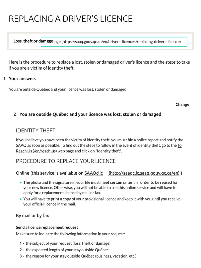 Replacing A Lost, Stolen or Damaged Licence - SAAQ | PDF | Driver's ...