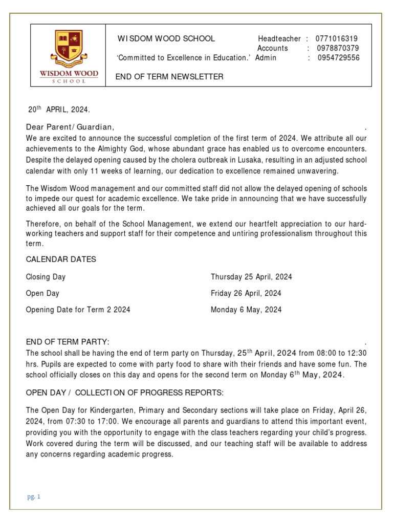 Wisdom Wood School Term 1 Update 2024 | PDF | Fee | Tuition Payments