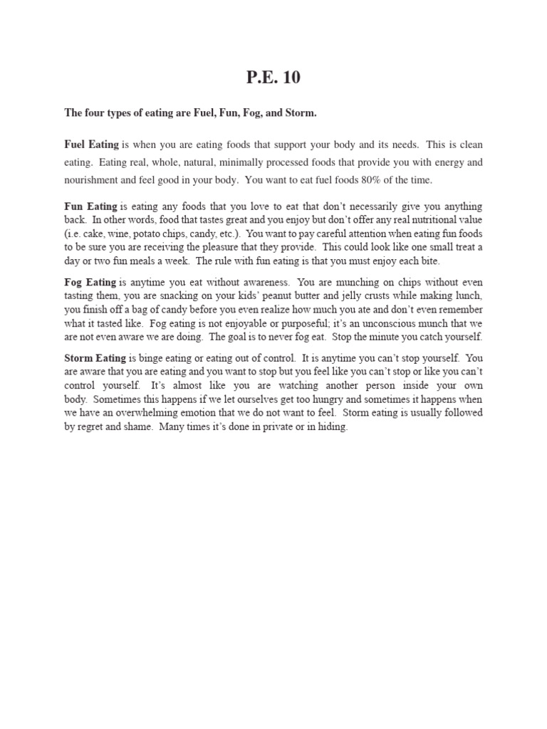 Mapeh 10 P.E | PDF | Cooking, Food & Wine | Self-Improvement