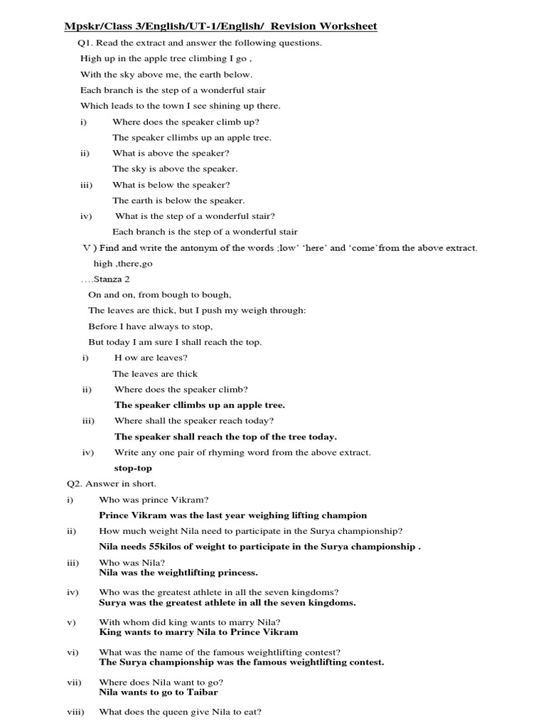 Class 3 Worksheet With Answers | PDF | Grammatical Gender | Linguistic Typology