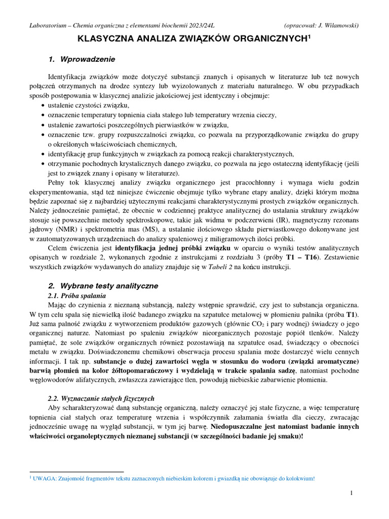 Analiza Klasyczna zwiÄ?zkÃ W Organicznych (Biofizyka, ZMiN, 2023-24L) | PDF