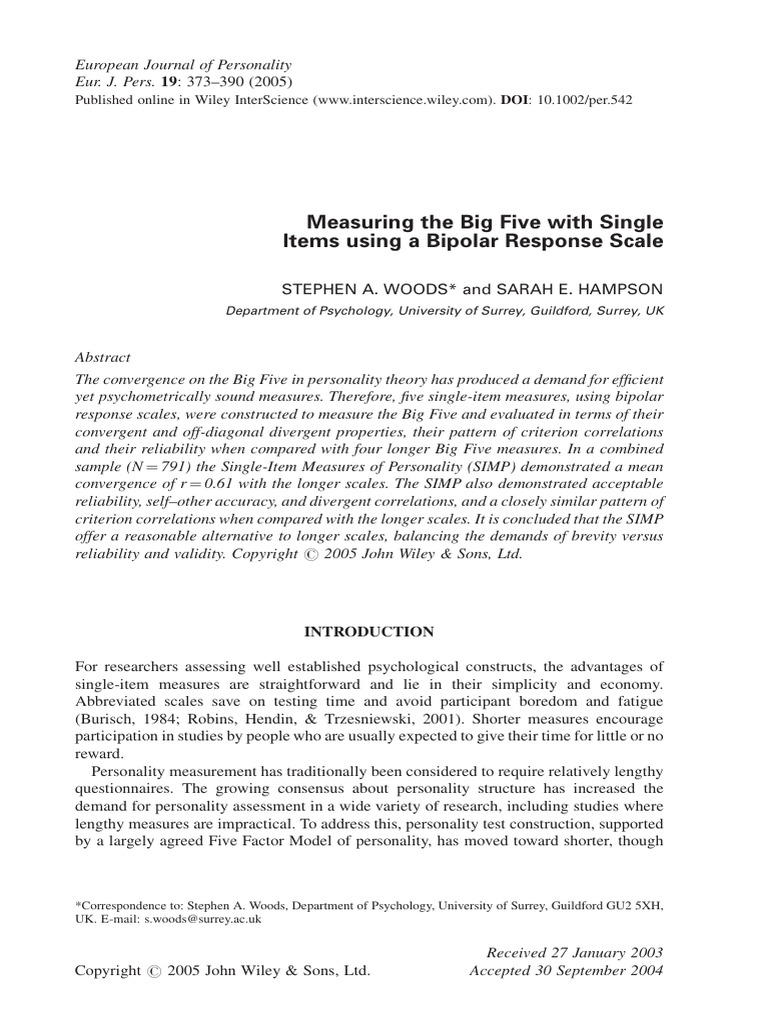 European J of Personality - 2005 - Woods - Measuring The Big Five With ...