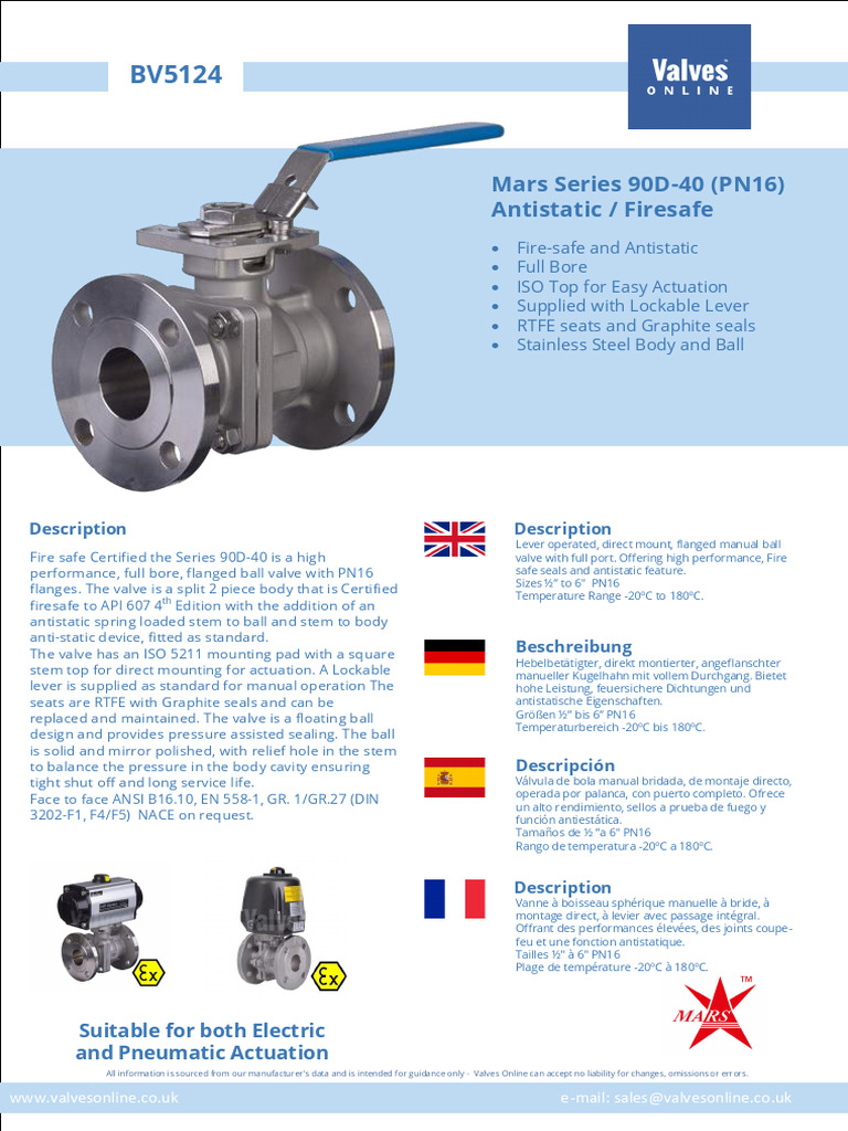 mars-ball-valve-series-90d-fire-safe-anti-static-flanged-pn16 | PDF | Valve