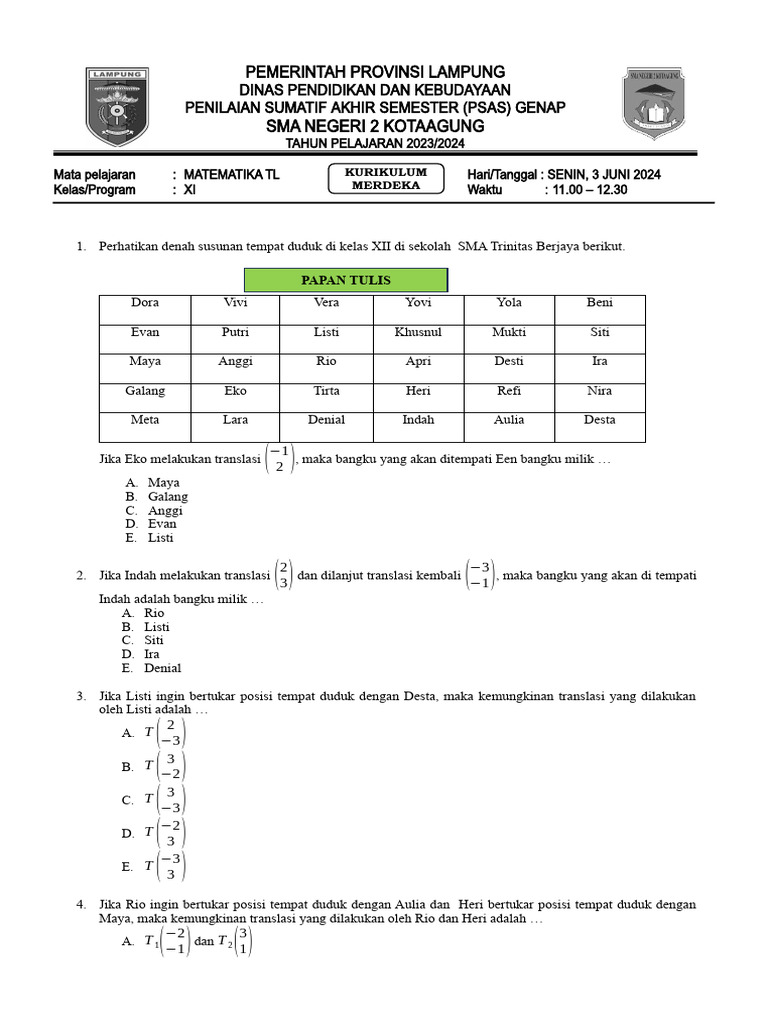 Soal Pat Genap MTK TL 2024 Print | PDF