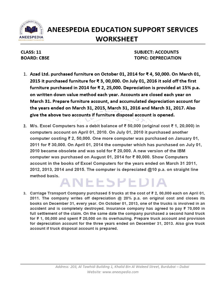 11 CBSE ACCT Worksheet - Depreciation | PDF