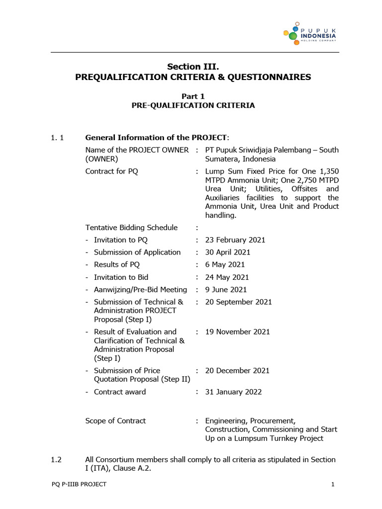 Pusri IIIB Project Prequalification Criteria | PDF | Revenue | Iso 9000