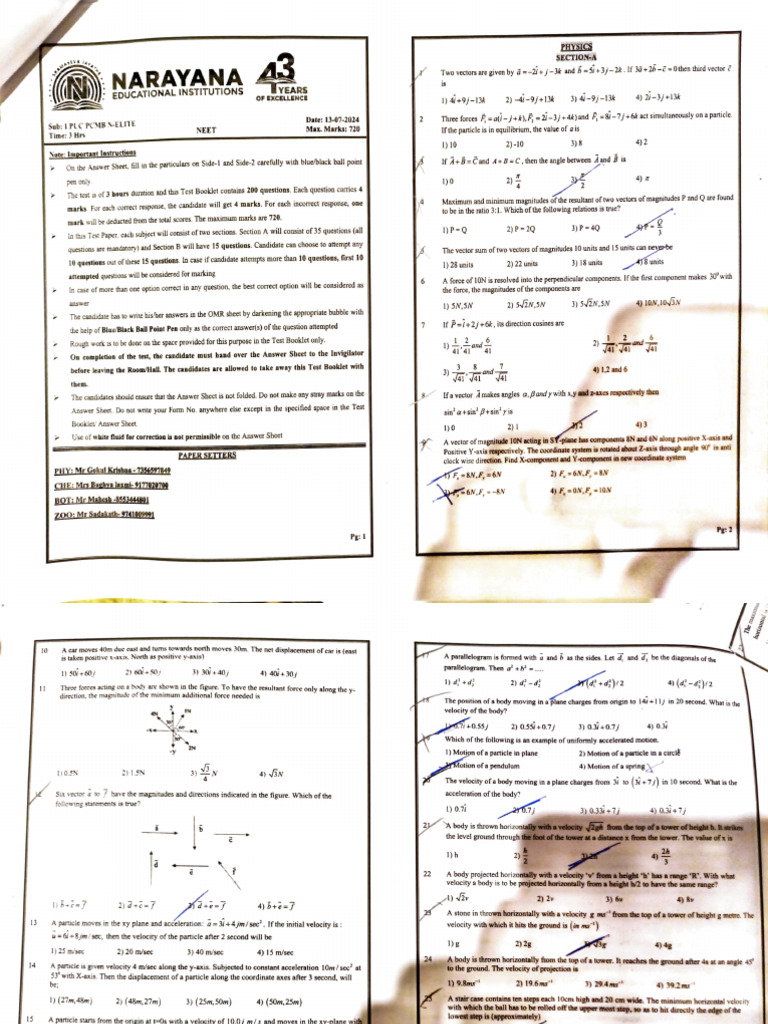 Narayana Neet Module Test 720 | PDF | Acceleration | Velocity