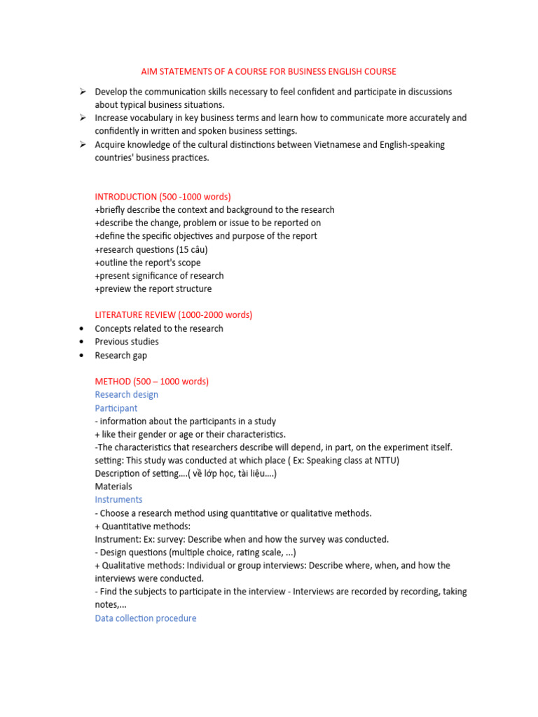 Aim Statements of A Course For Business English Course | PDF