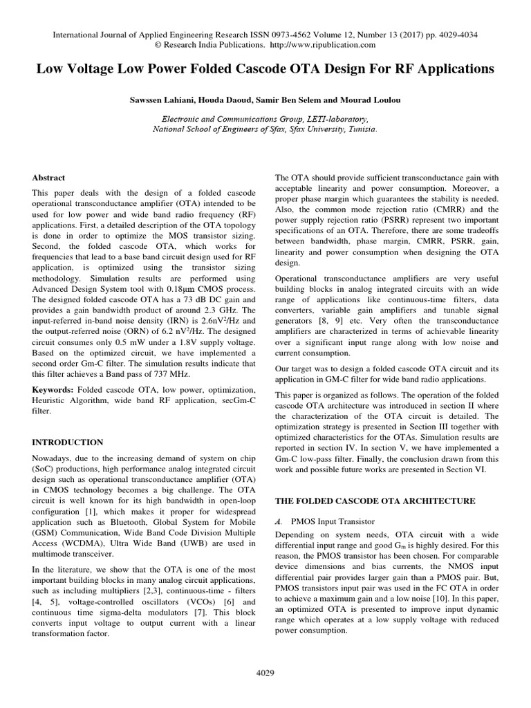Low Voltage Low Power Folded Cascode OTA Design For RF Applications | PDF | Amplifier | Mosfet