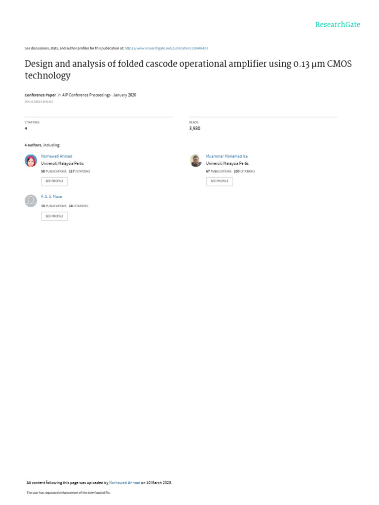 Design and Analysis of Folded Cascode Operational Amplifier Using 0.13 M CMOS Technology | PDF ...