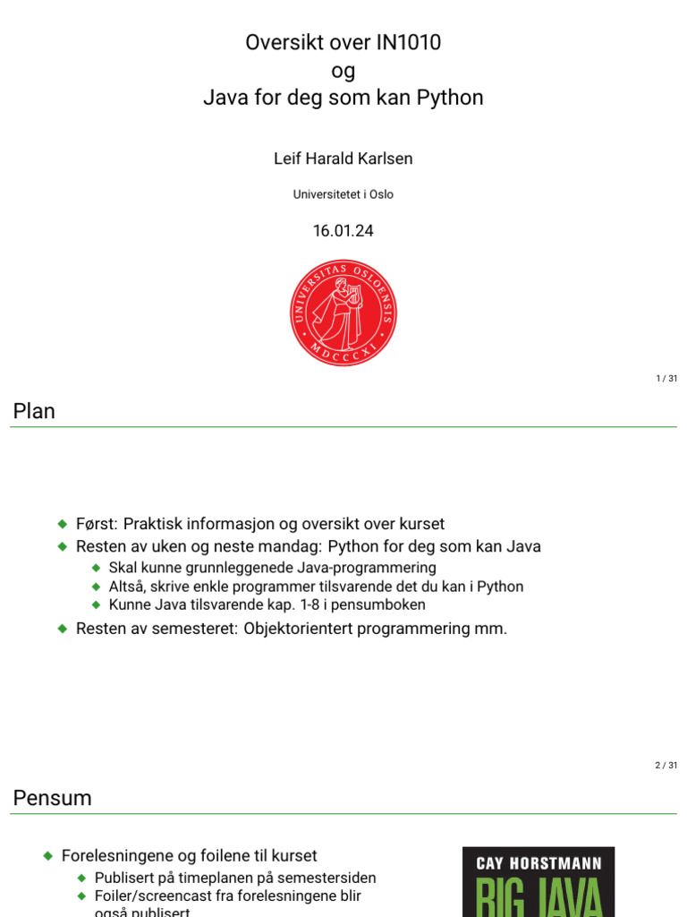 Oversikt Over IN1010 Og Java For Deg Som Kan Python: Leif Harald Karlsen | PDF