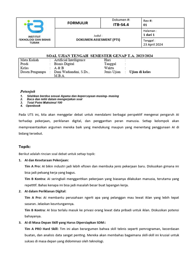 Soal UTS - Artificial Intelligence | PDF | Karier & Perkembangan | Bisnis