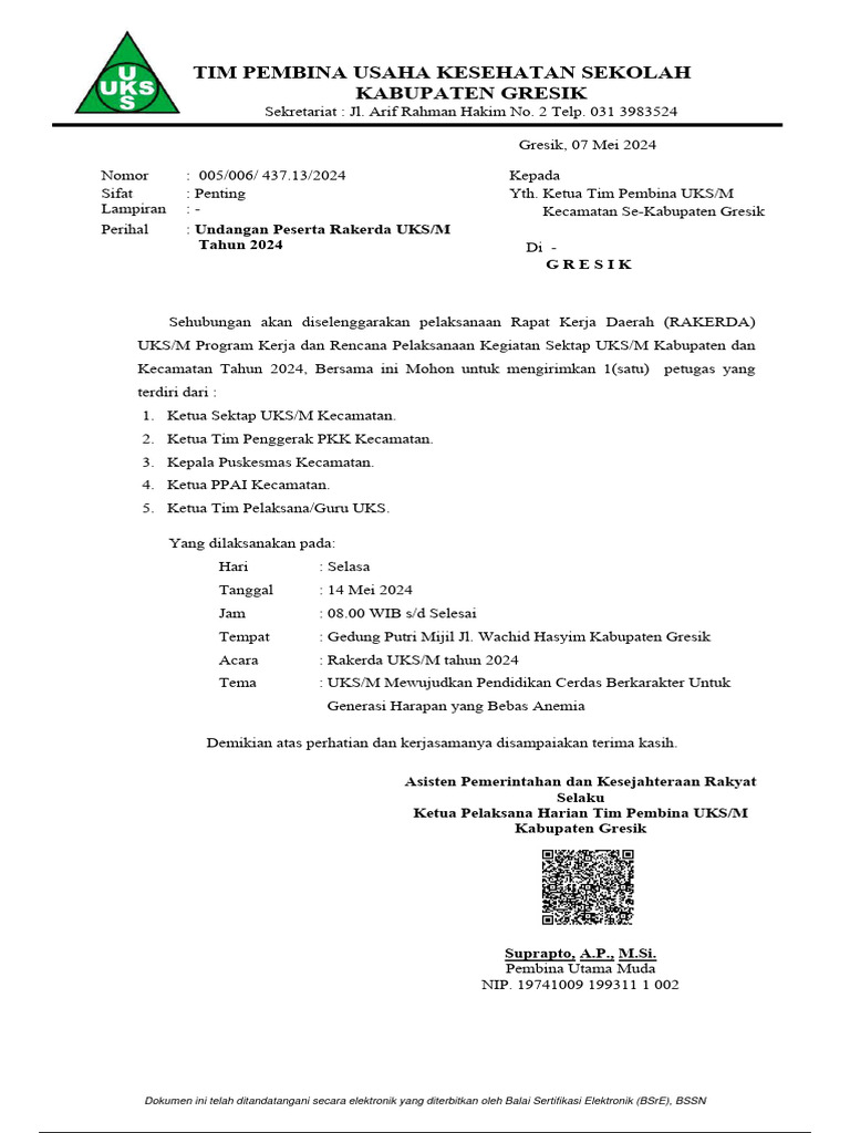 Undangan Rakerda UKS/M Gresik 2024 | PDF