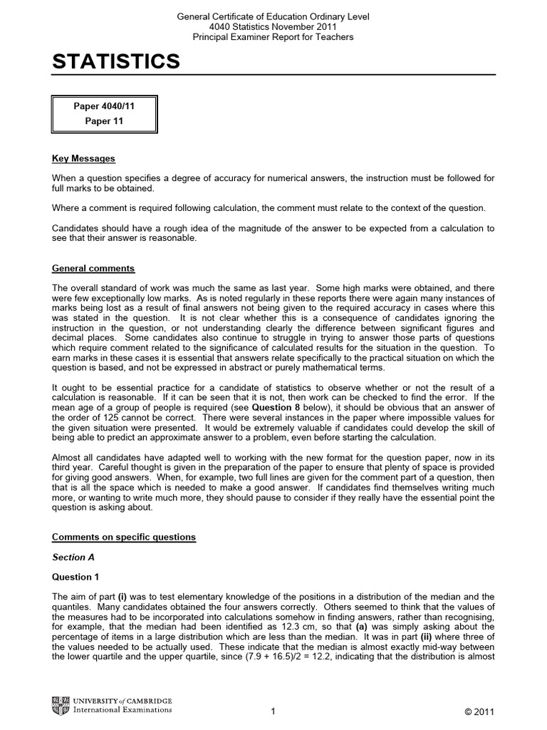 Statistics: Paper 4040/11 Paper 11 | PDF | Statistics | Accuracy And ...