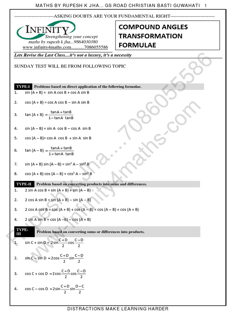 Compound Angles Transformation Formulae (With Answers) | PDF ...
