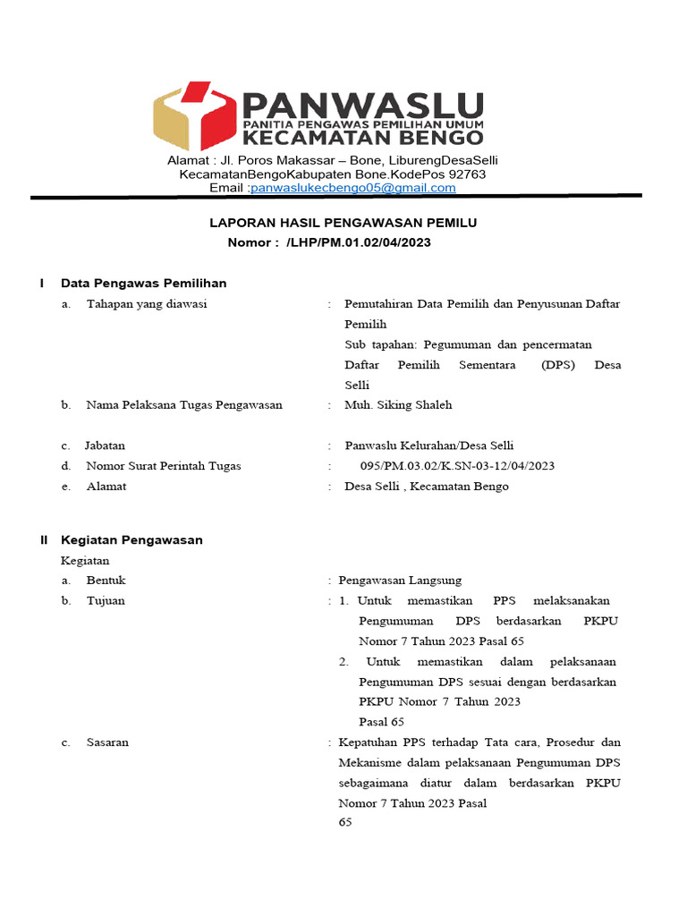 FORM A Pengawasan DPS Desa Selli | PDF
