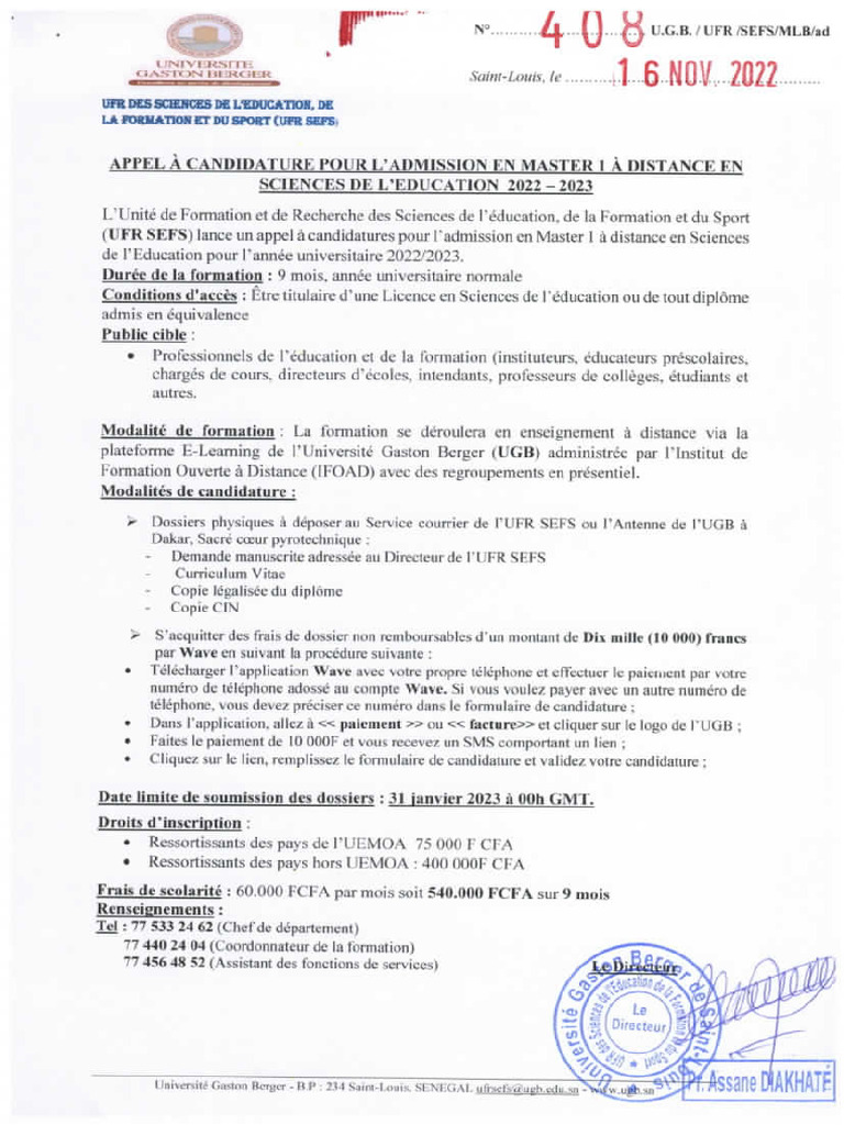 N408 Appel A Candidature en M1 A Distance SCEDU 2022 202320221116 0096 | PDF