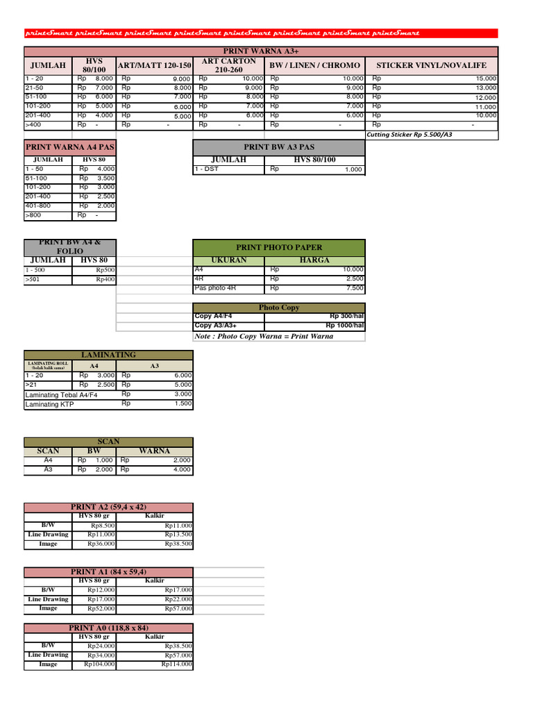 Daftar Harga Layanan Print dan Scan | PDF