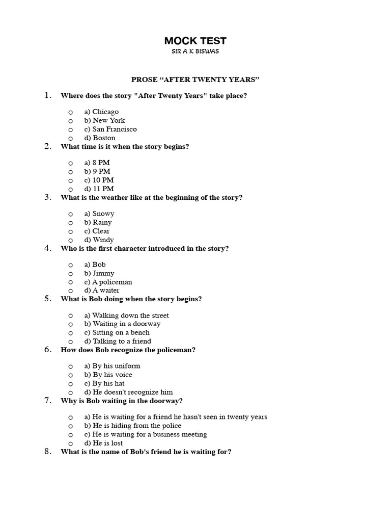"After Twenty Years" Mock Test Questions | PDF | Games & Activities