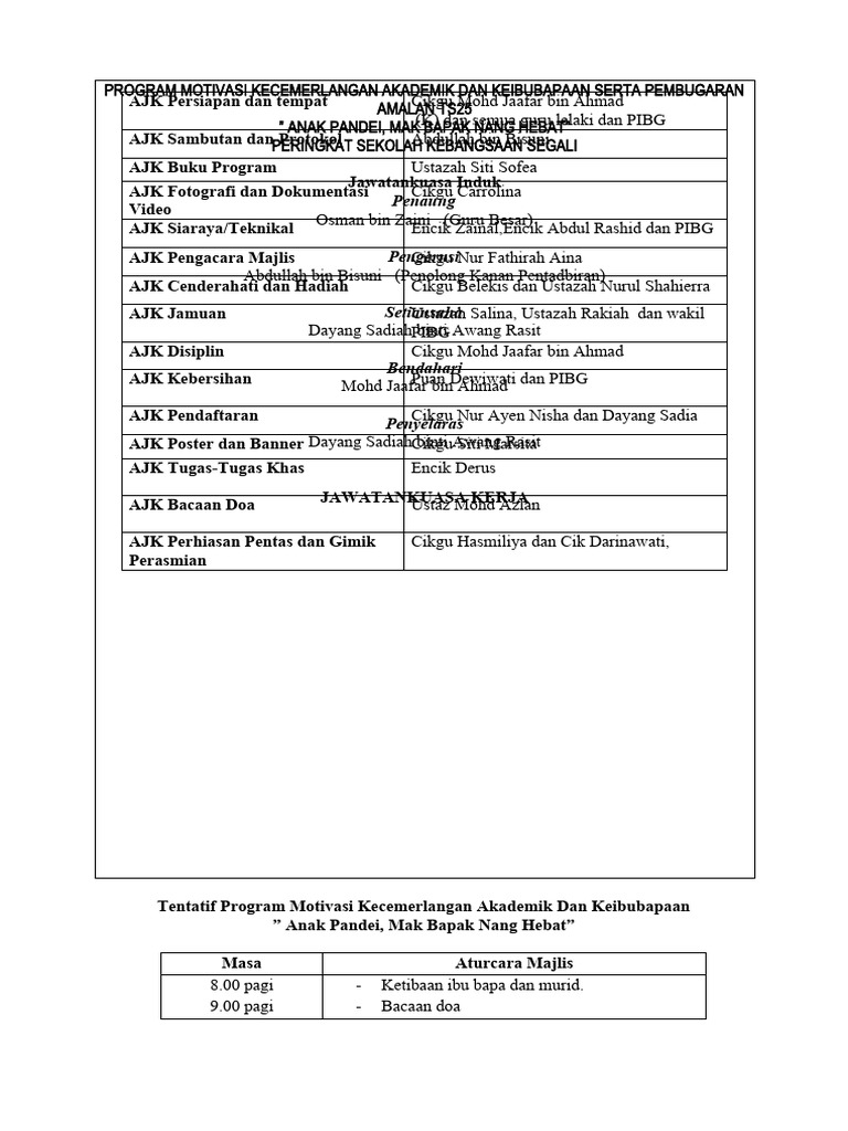 Ajk Kerja Dan Tentatif Program Motivasi Ibu Bapa 2023 | PDF