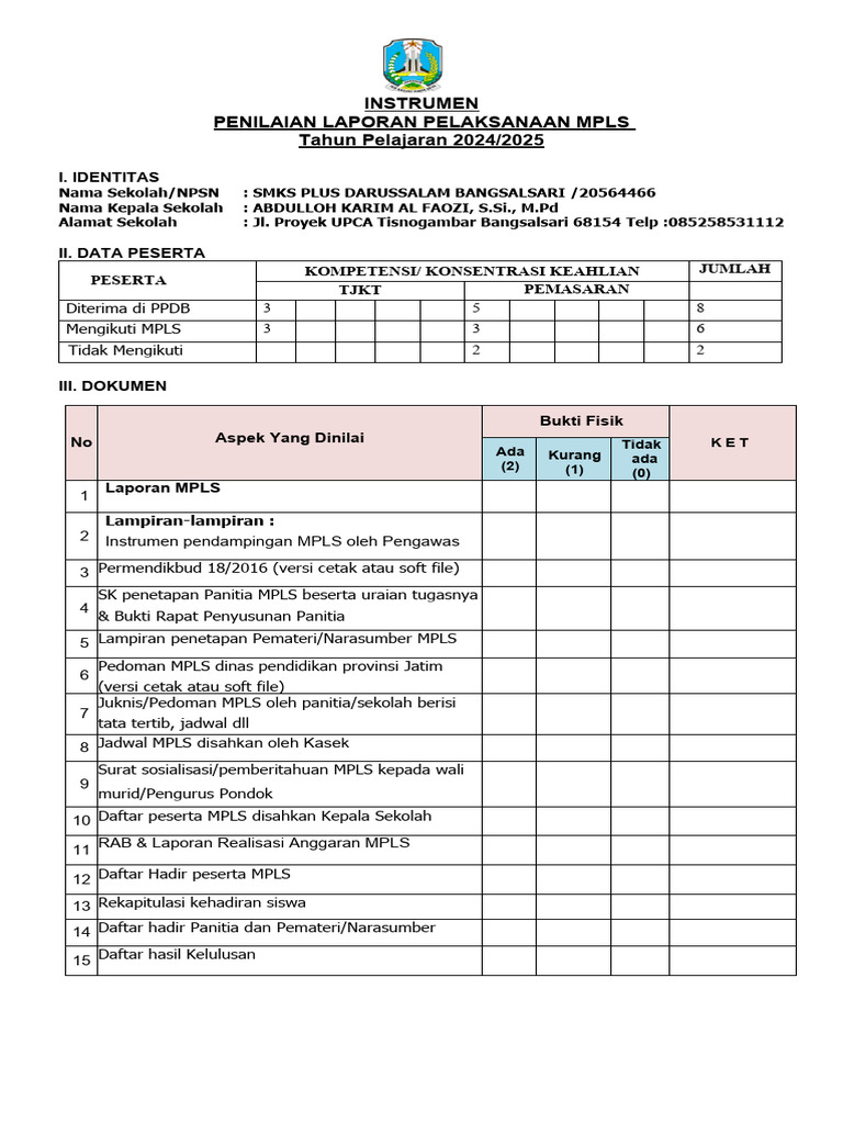 Instrumen Penilaian Laporan MPLS | PDF