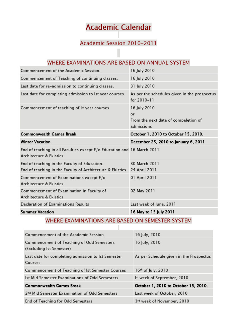 Academic Calendar 2010-11 | PDF | Academic Term | Social Institutions